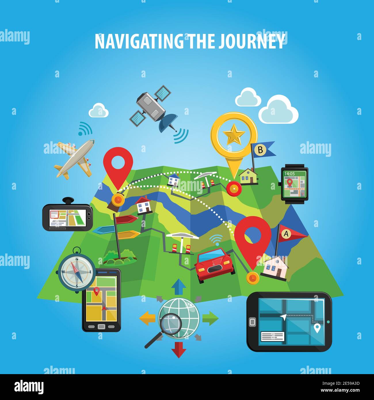 Navigation and location in journey and travel map with landmarks and ...