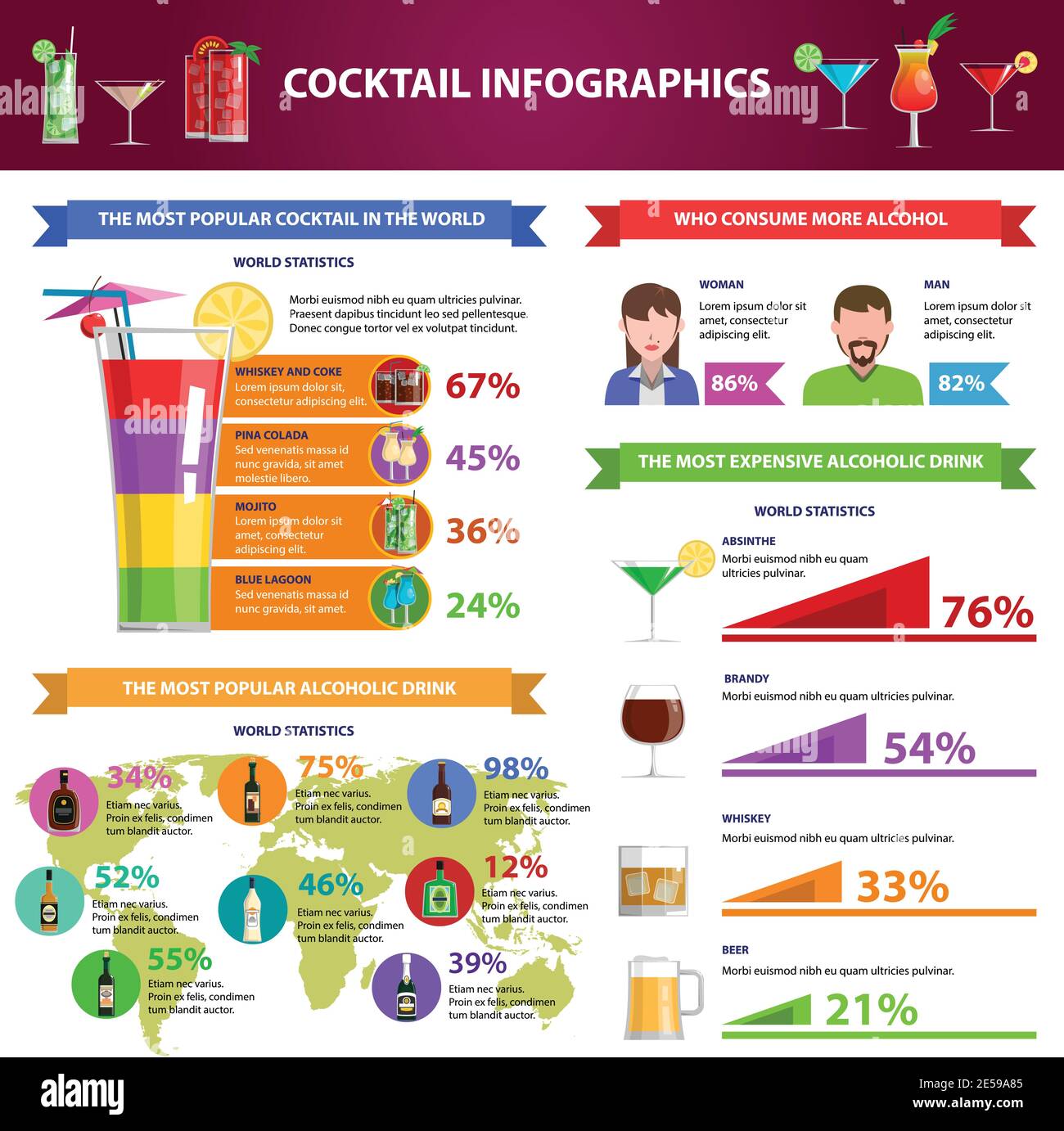 Cocktail infographics set with drinks collection and charts vector ...