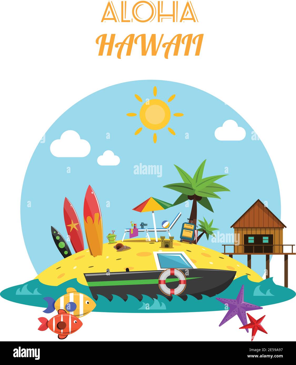 Beach concept with tropical island and sea vacation icons flat vector ...