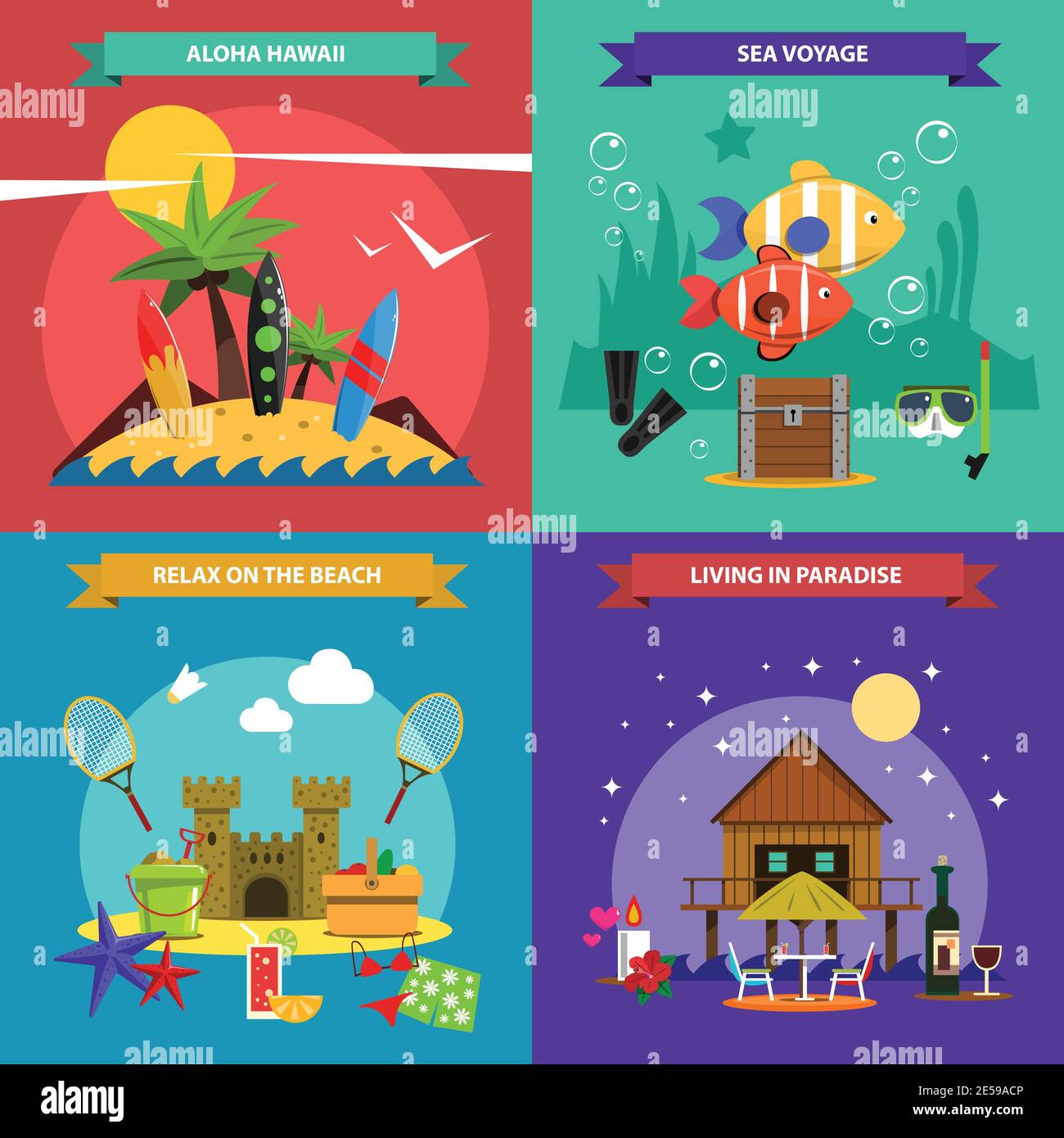 Beach design concept set with sea voyage flat icons isolated vector ...