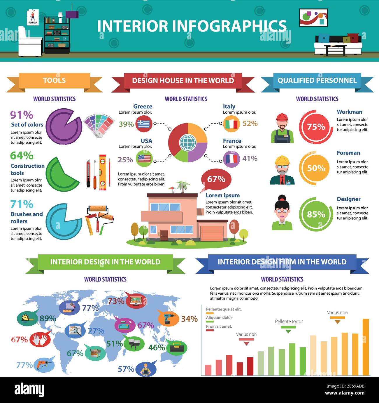 Interior design infographics set with house architecture symbols and ...