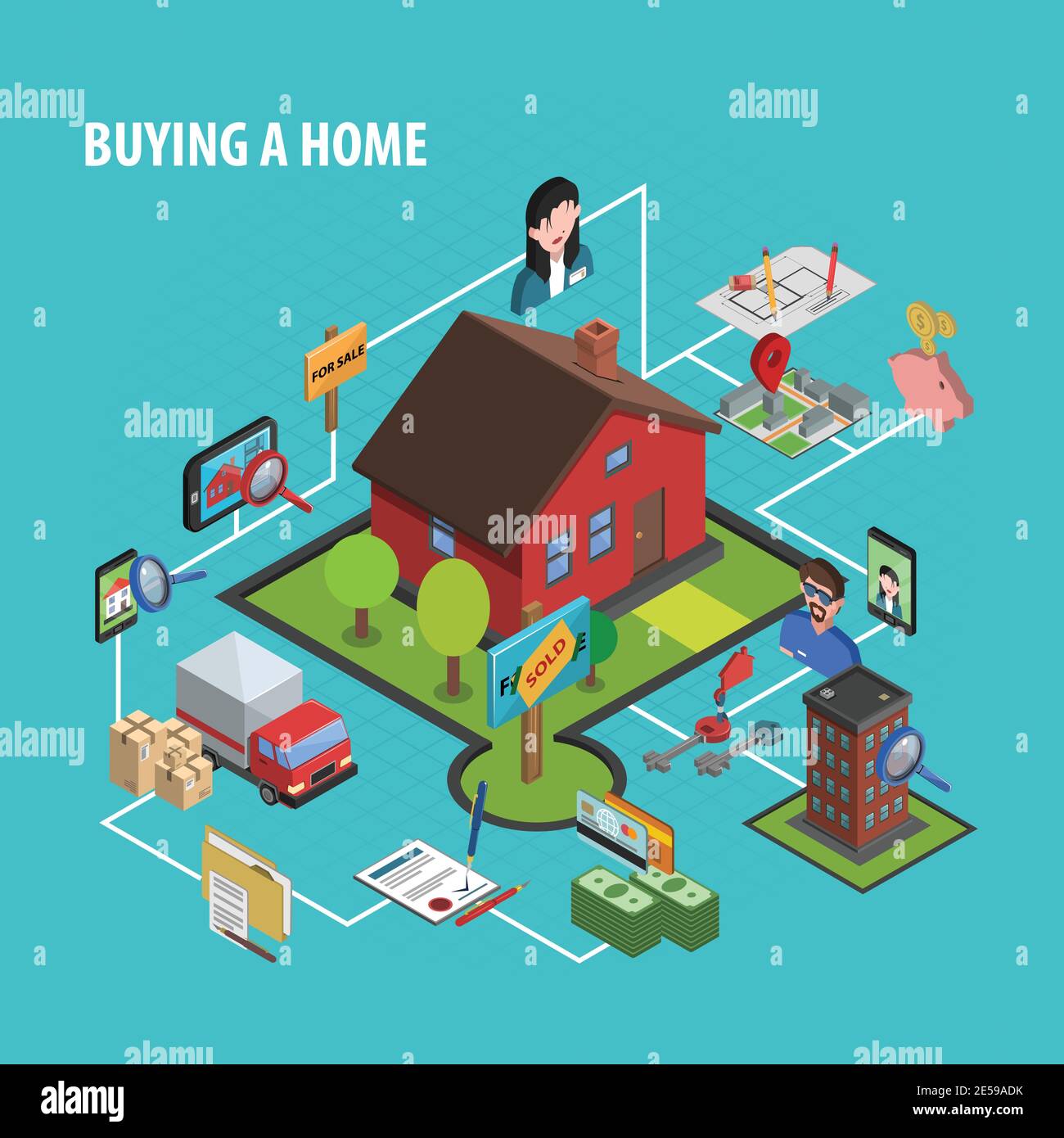 Real estate buying concept with isometric house choosing icons vector ...
