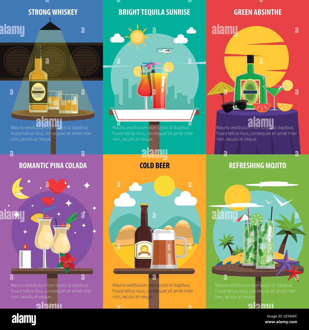 Cocktail mini poster set with strong alcohol drinks isolated vector ...