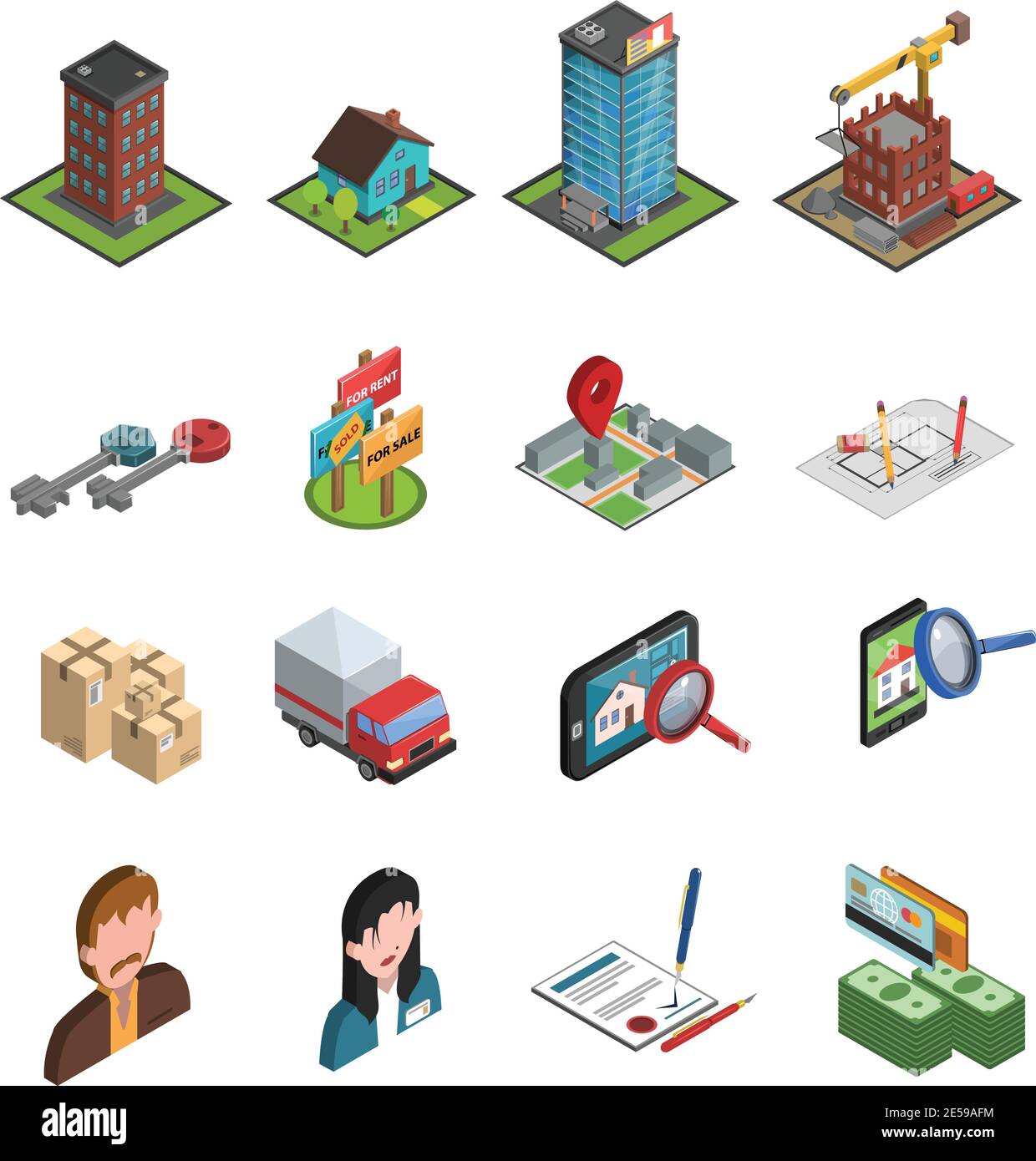 Real estate searching building and sale icon isometric set isolated ...