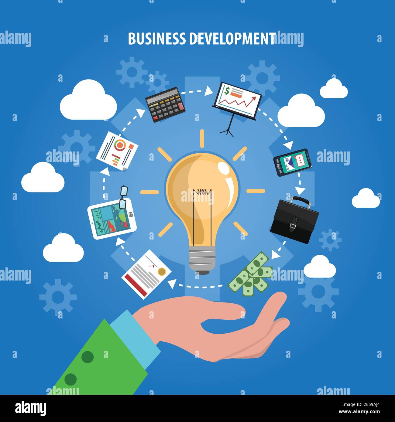 Business development concept with human hand and idea symbols flat ...