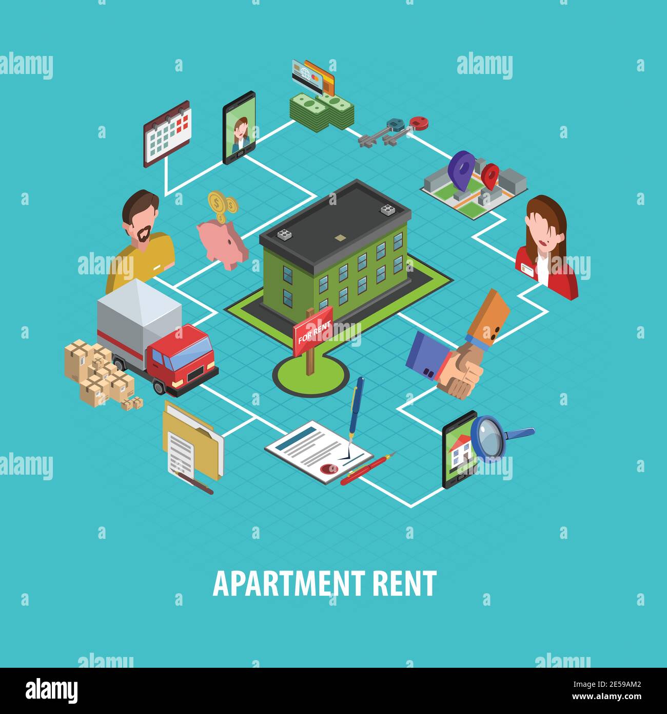 Real estate rent concept with isometric house searching and choosing ...