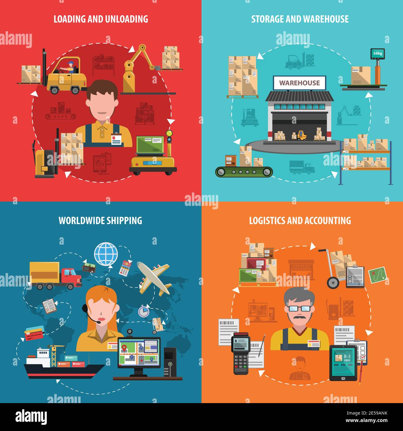 Warehouse design concept set with worldwide logistic flat icons ...