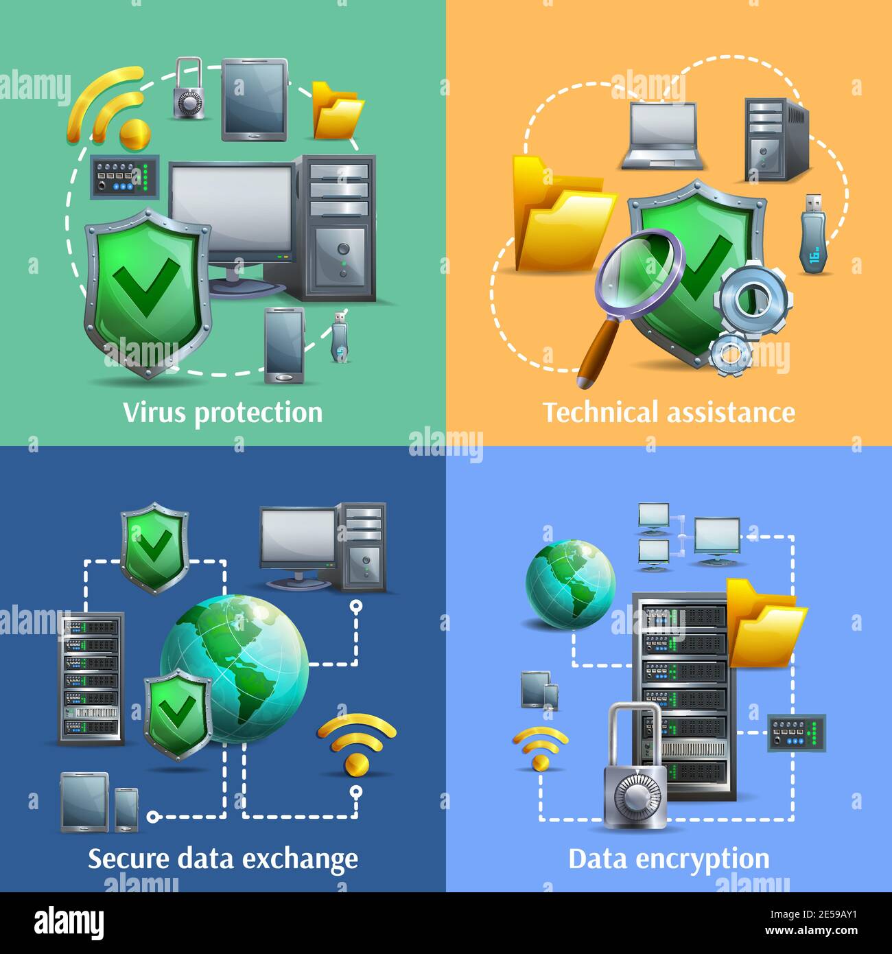 Data encryption security and exchange cartoon icons set with virus ...
