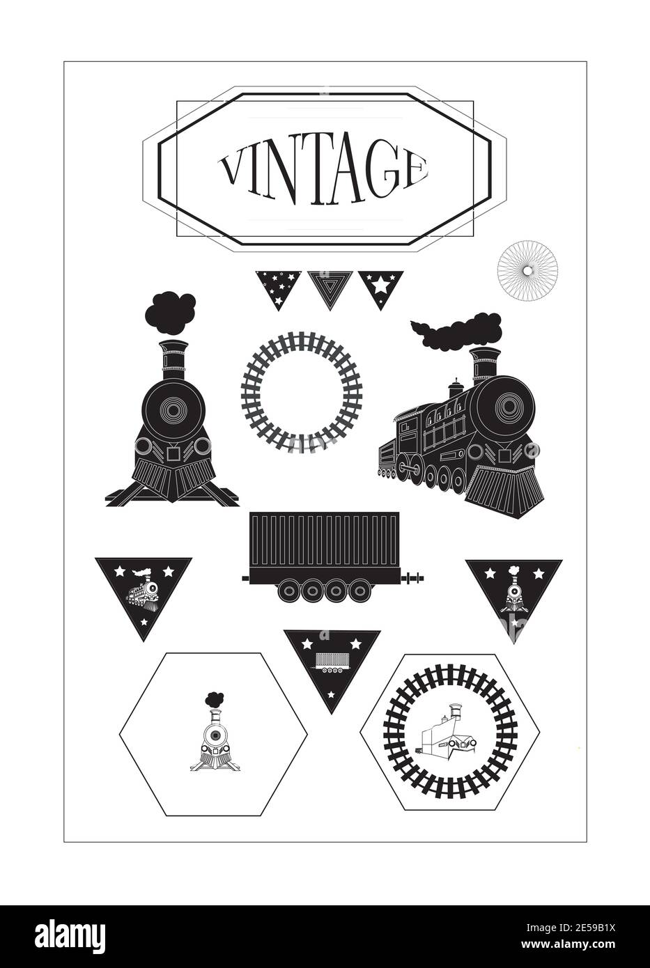 Vector vintage elements with retro black train, railroad, small flags ...