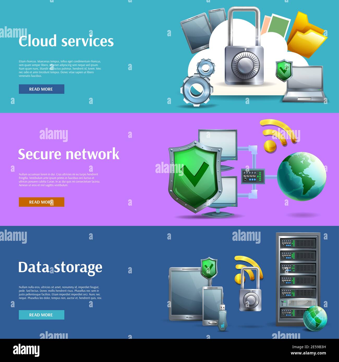 Data storage and protection cartoon horizontal banners set with ...