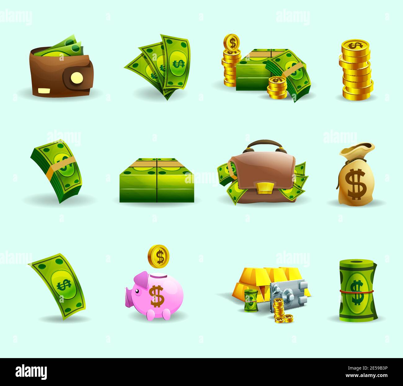 Cash payment methods flat icons set with savings sack symbol and green ...