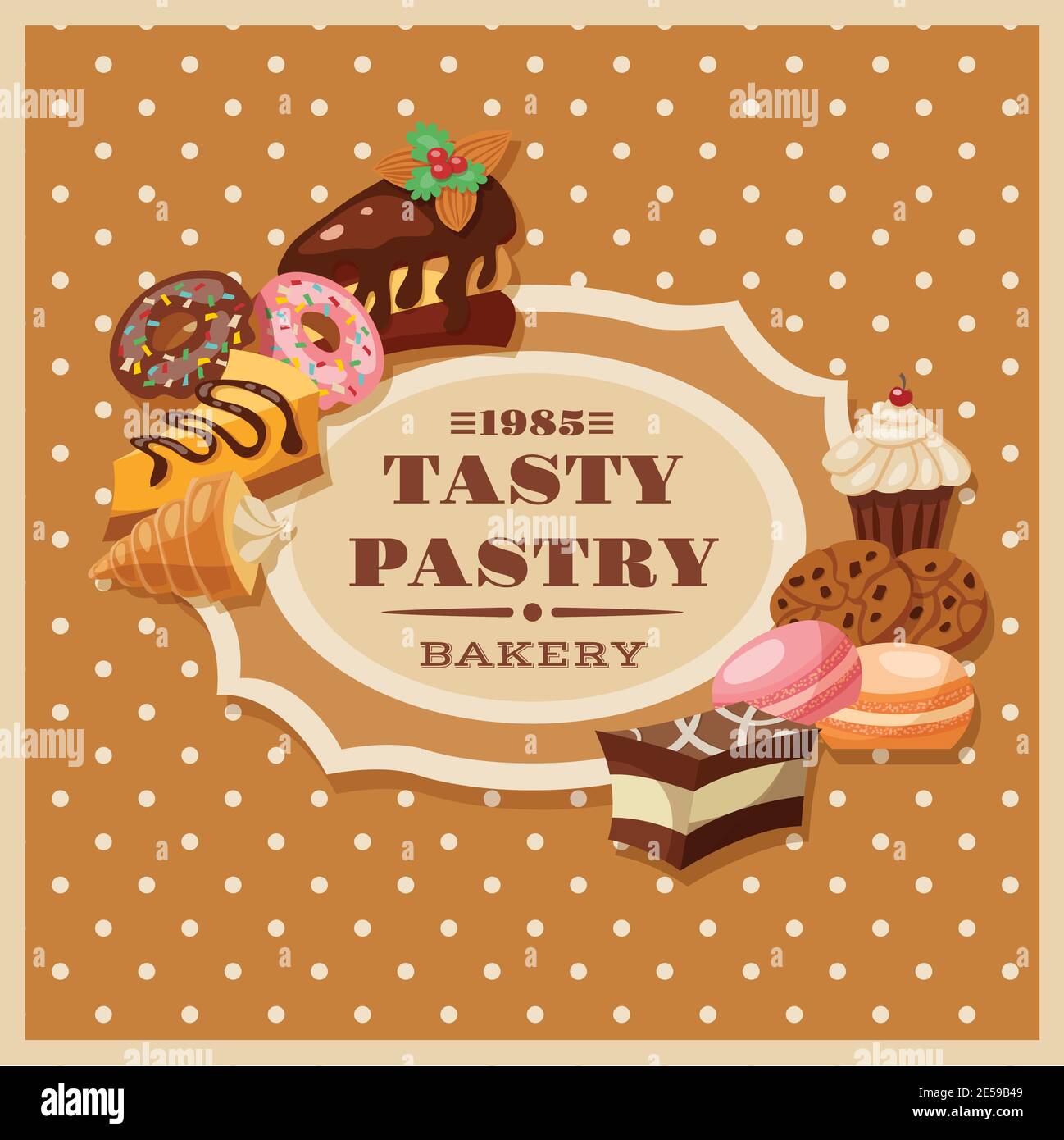 Vintage bakery flyer frame with sweets and pastry vector illustration ...
