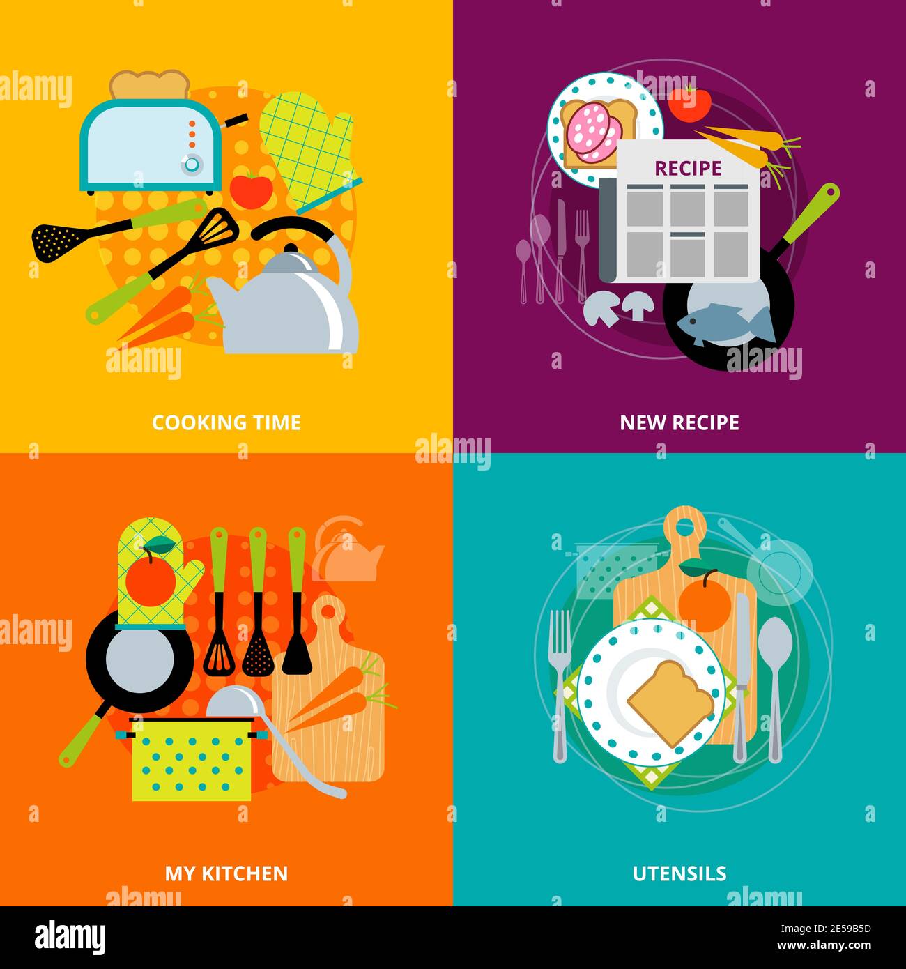Cooking concept with new recipe kitchen accessories 4 flat square icons ...