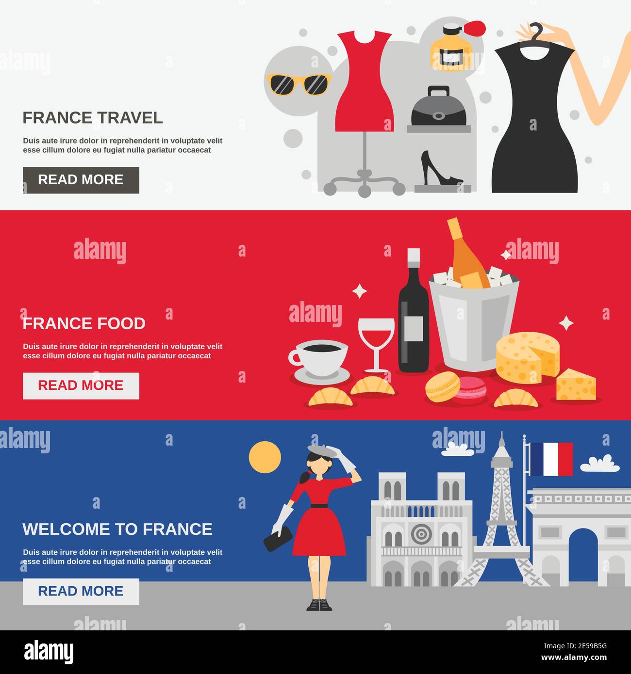 France horizontal banner set with food shopping and travel symbols ...