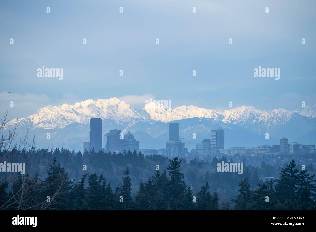 Seattle cloudy skyline view on winter day Stock Photo - Alamy