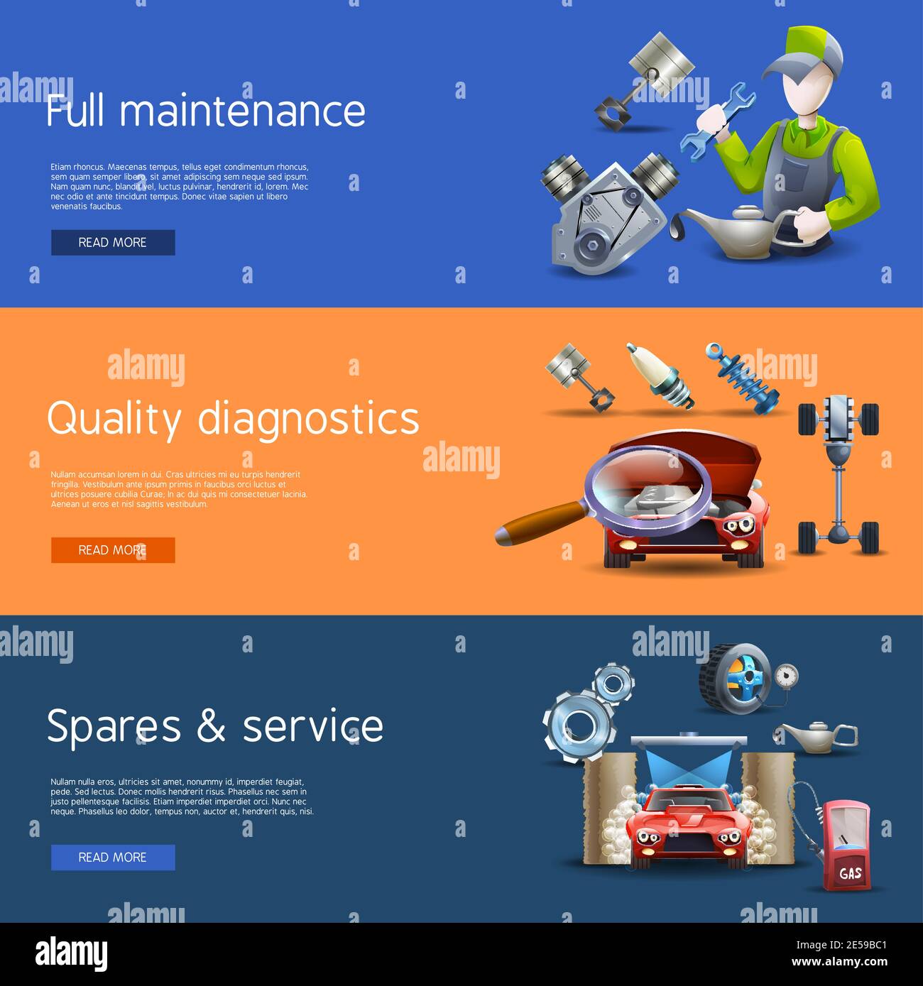 Car repair and diagnostics cartoon horizontal banners set with wash and ...