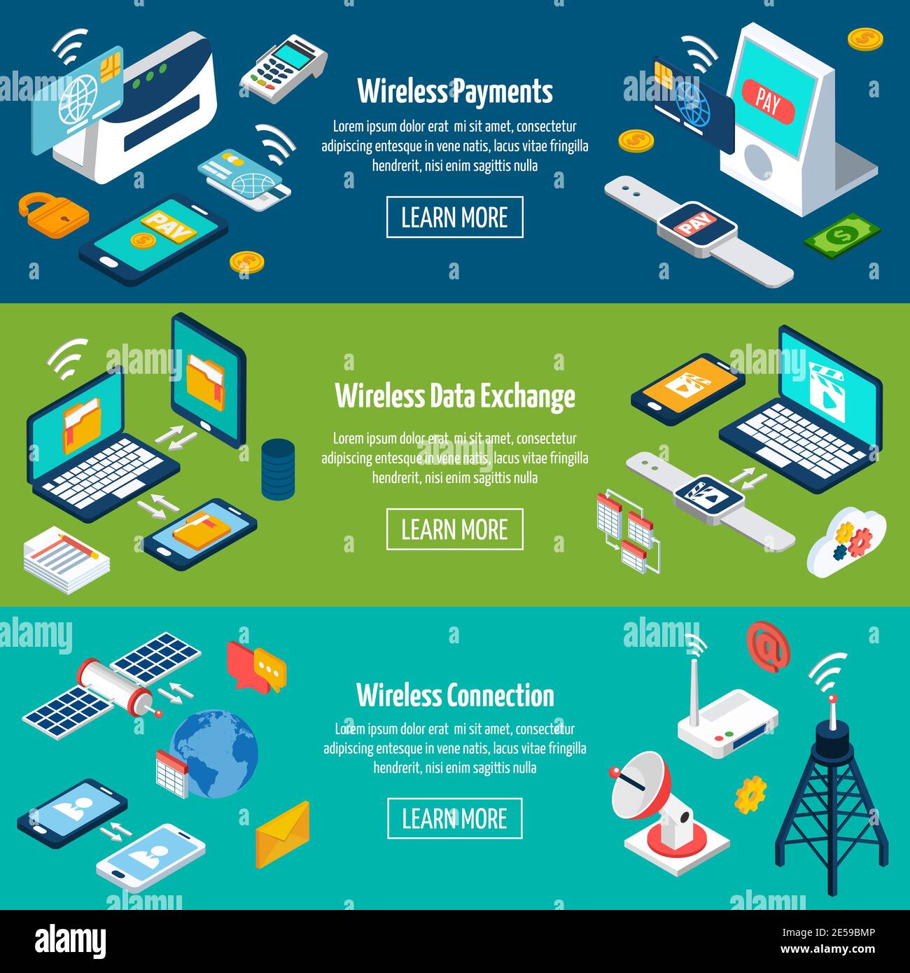 Wireless technologies horizontal banner set with isometric data ...