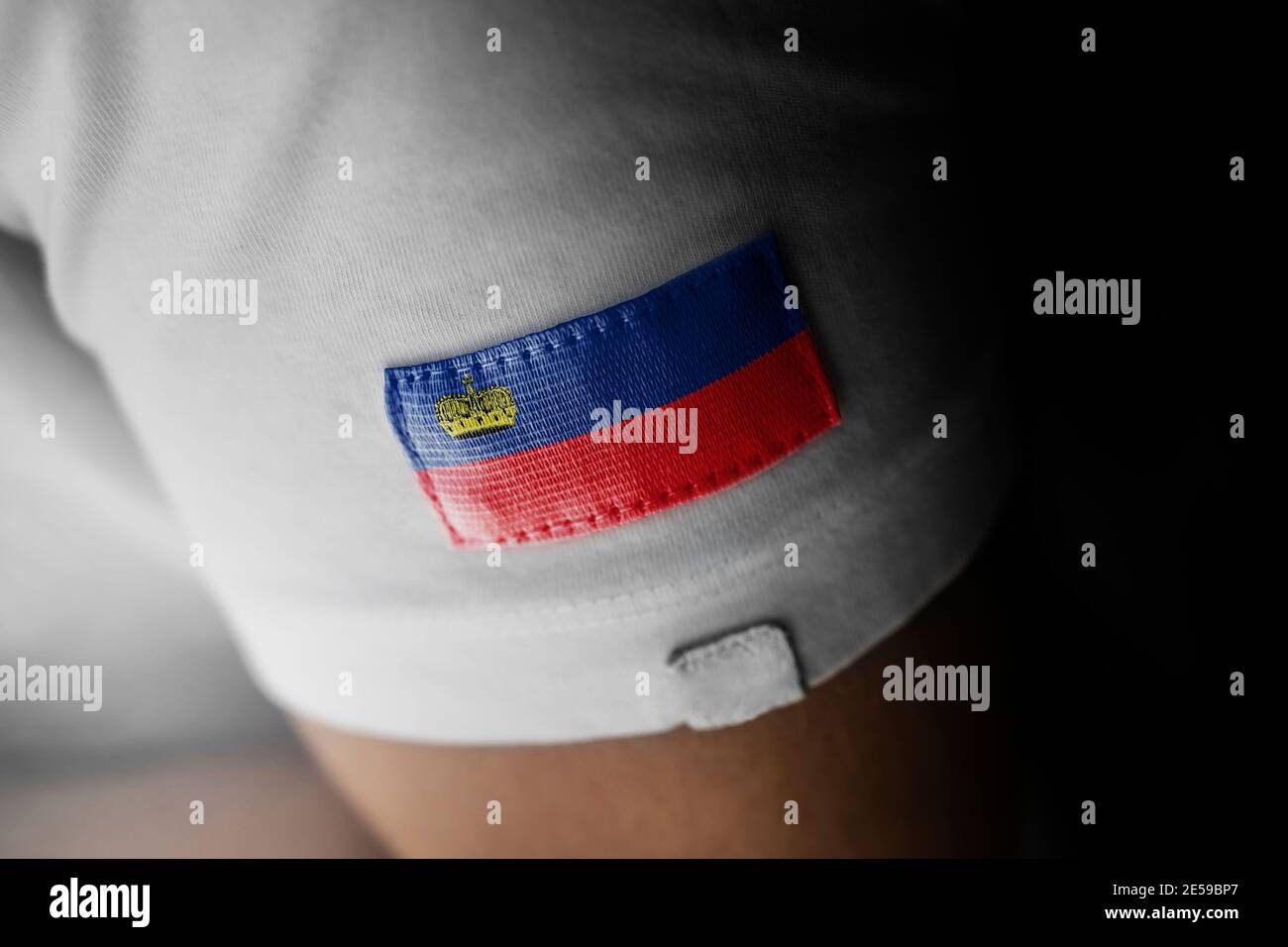 Patch of the national flag of the Liechtenstein on a white t-shirt ...