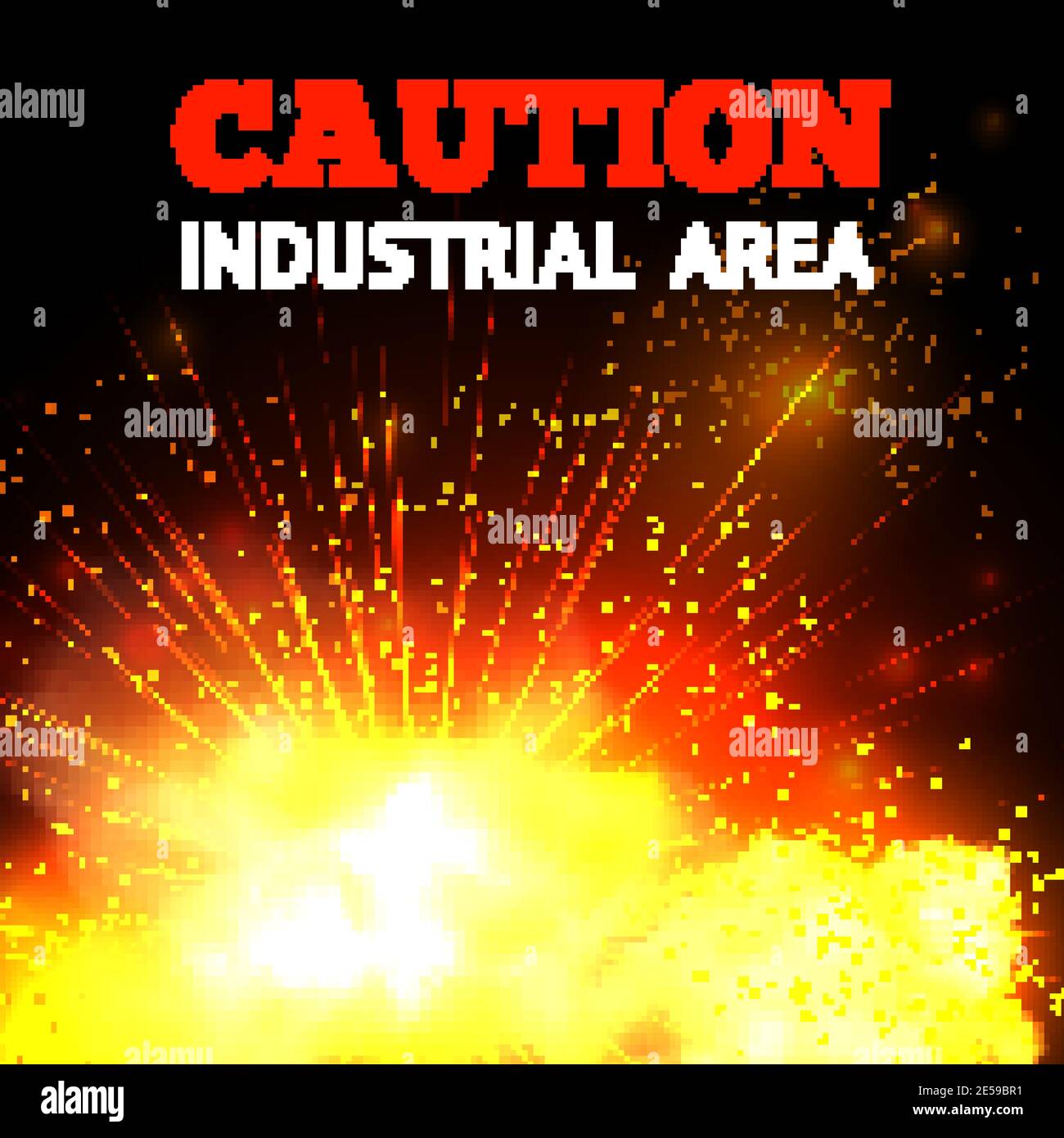 Explosion background with realistic fire and caution industrial area ...