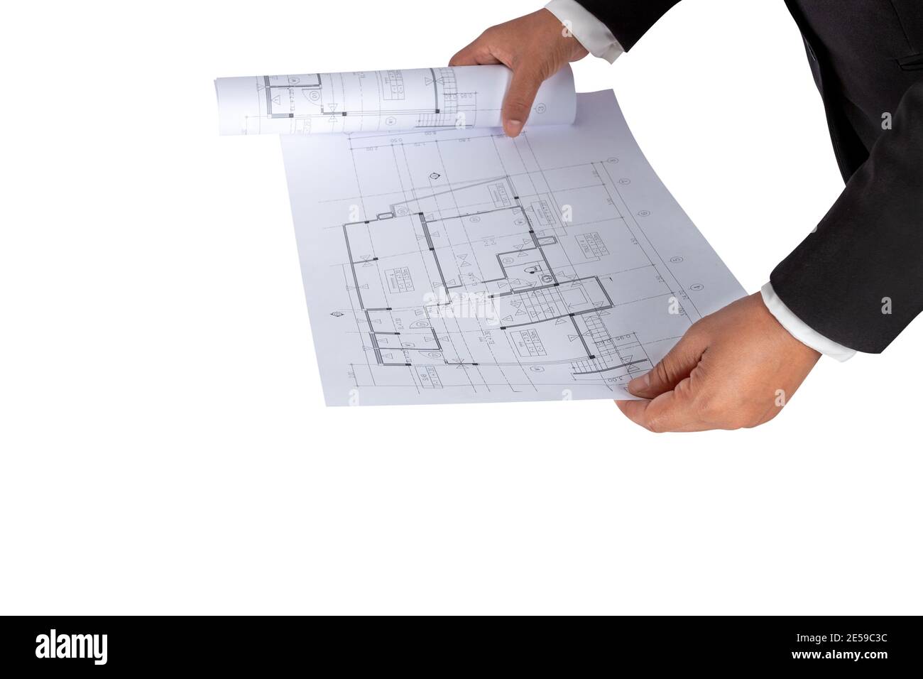 Businessman in the hand have a construction plan or architectural plan ...
