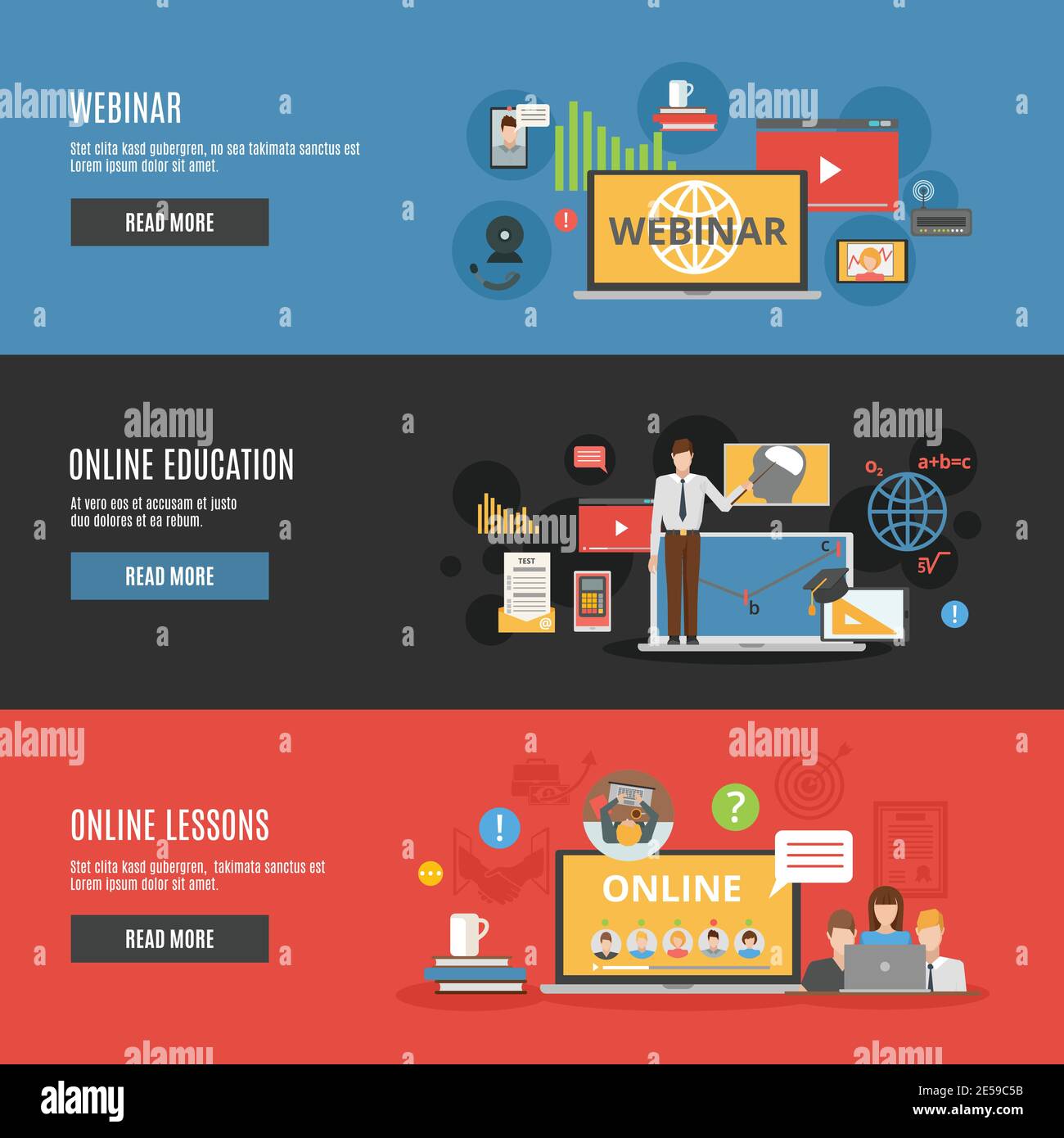 Online education flat horizontal banners with online lessons and ...