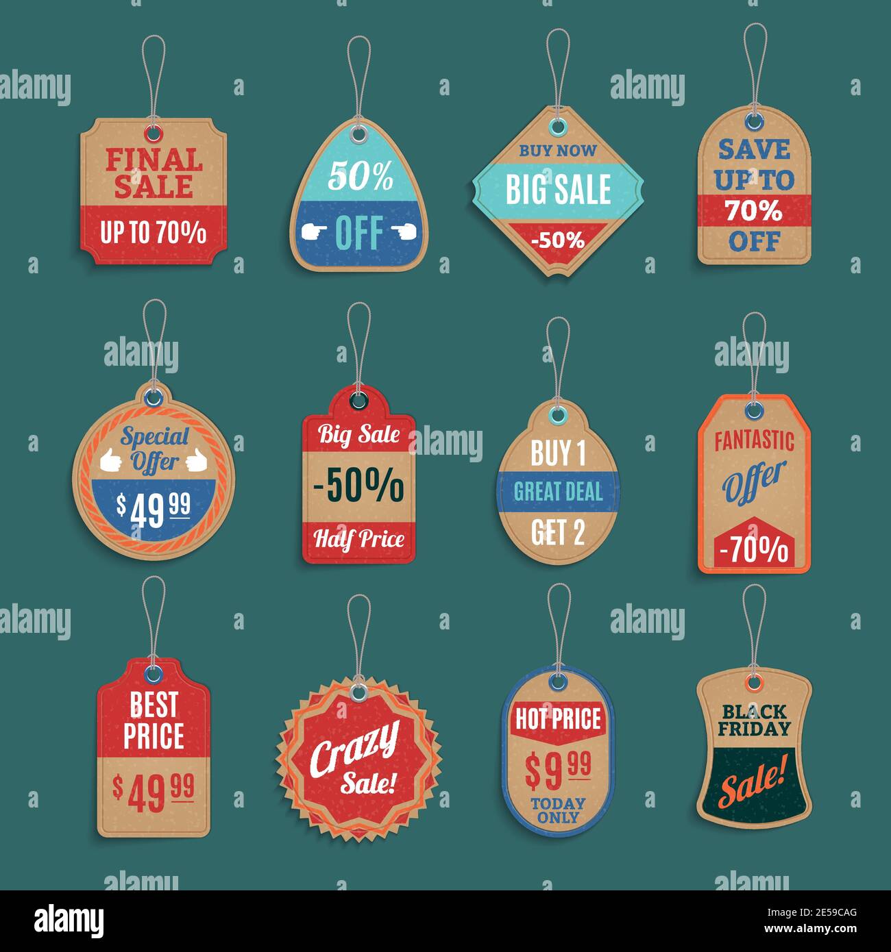 Sale tags set with special offer symbols on green background realistic ...