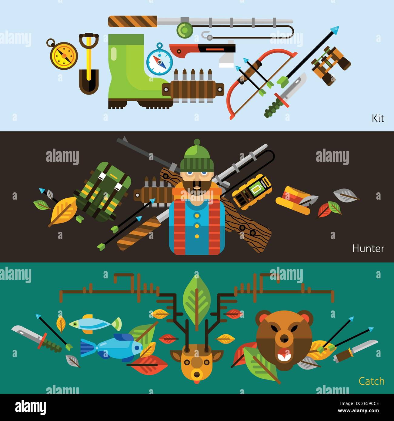 Hunting and fishing horizontal banners with animals and hunter ...