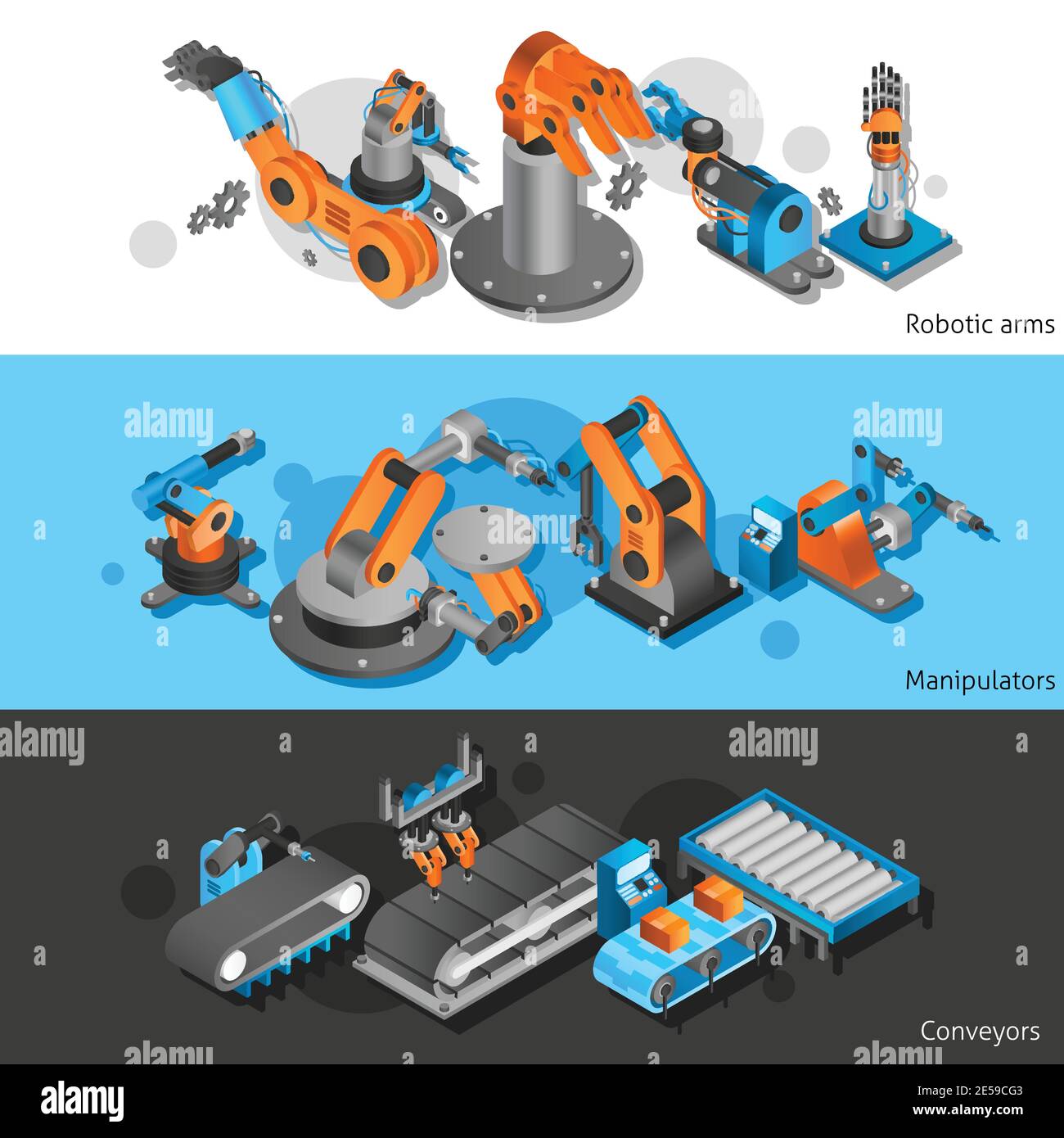 Industrial robot horizontal banner set with isometric manipulators and ...