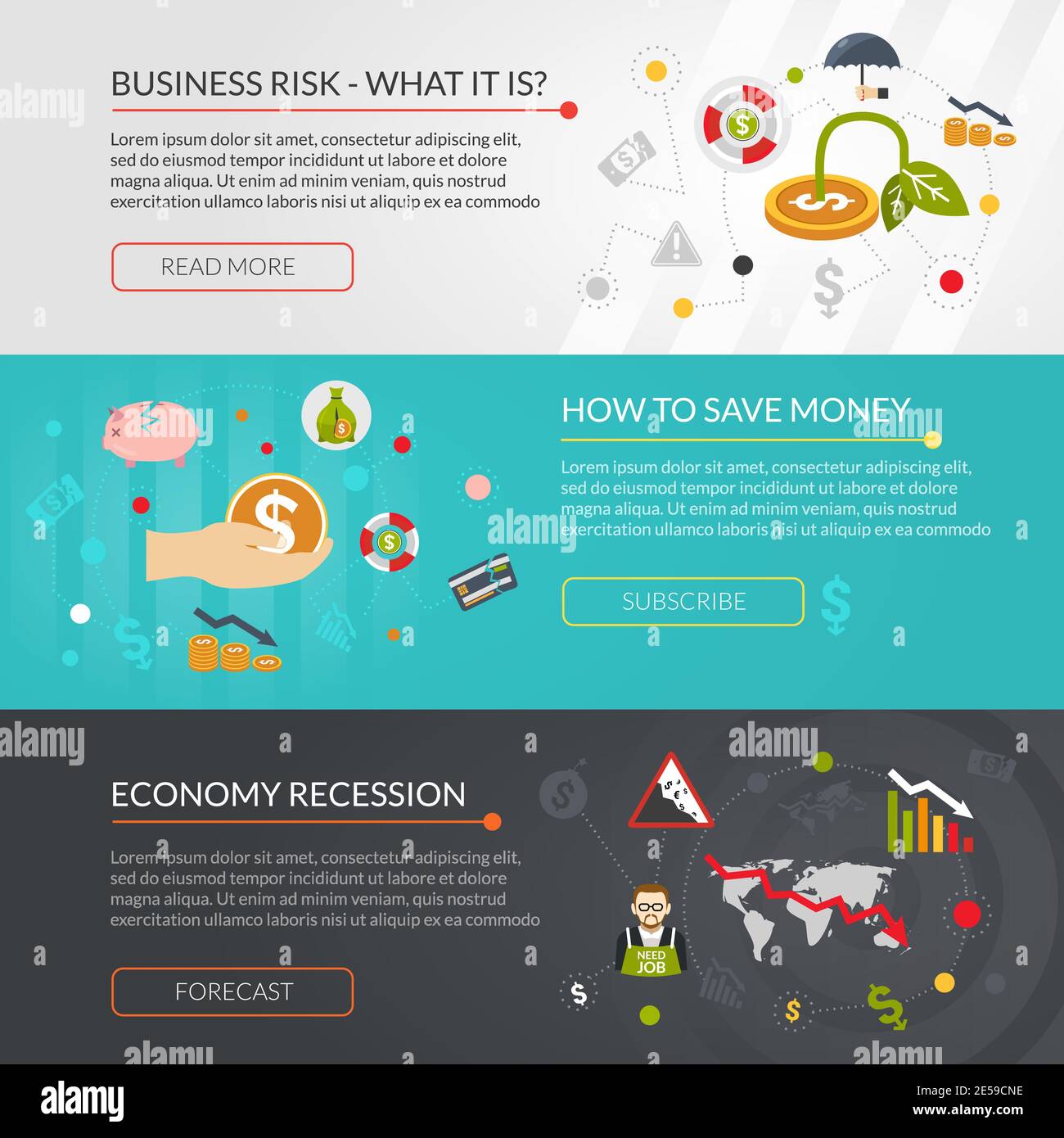 Financial crisis 3 flat interactive horizontal banners for online ...
