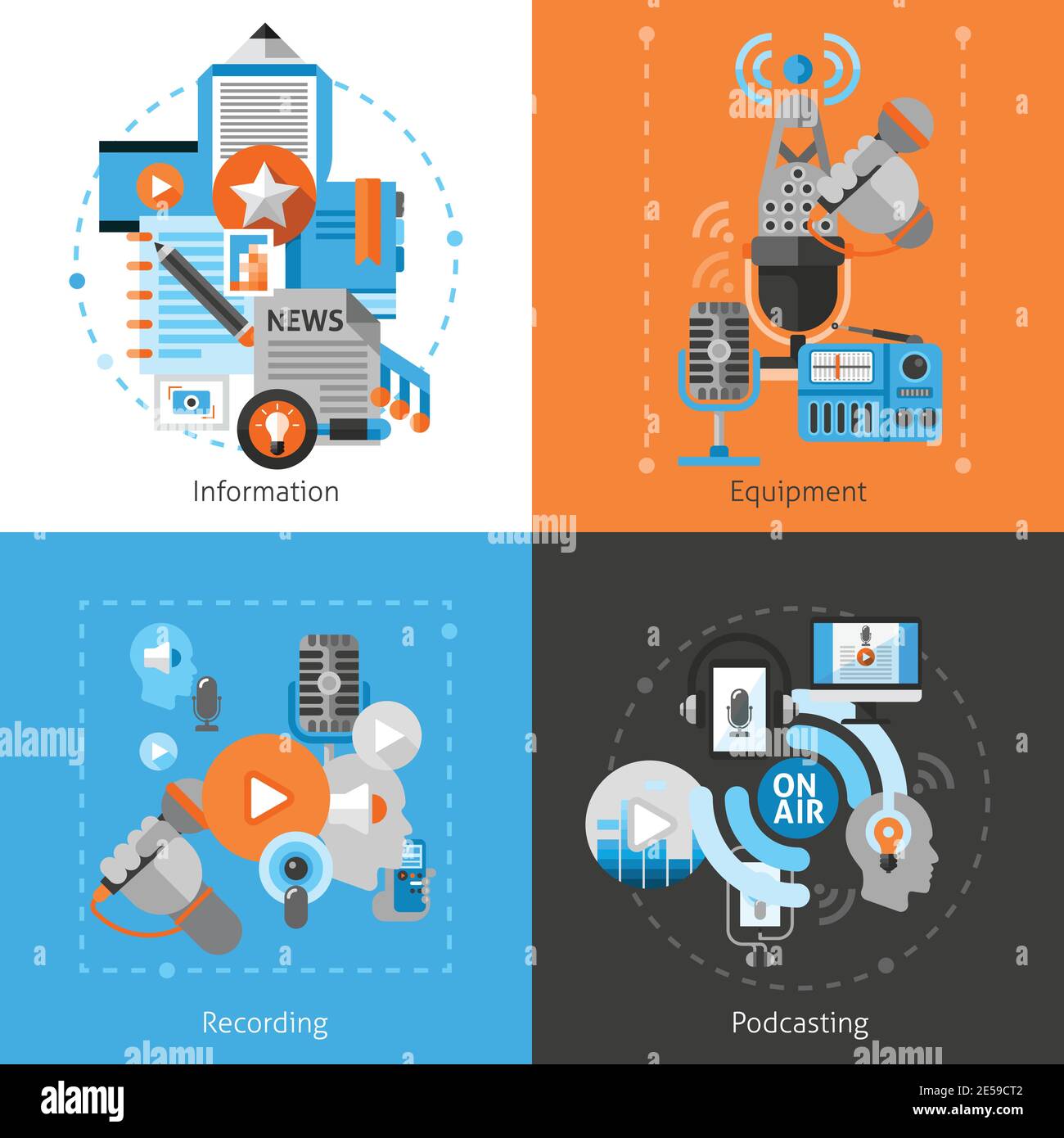Podcast design concept set with recording information and equipment ...
