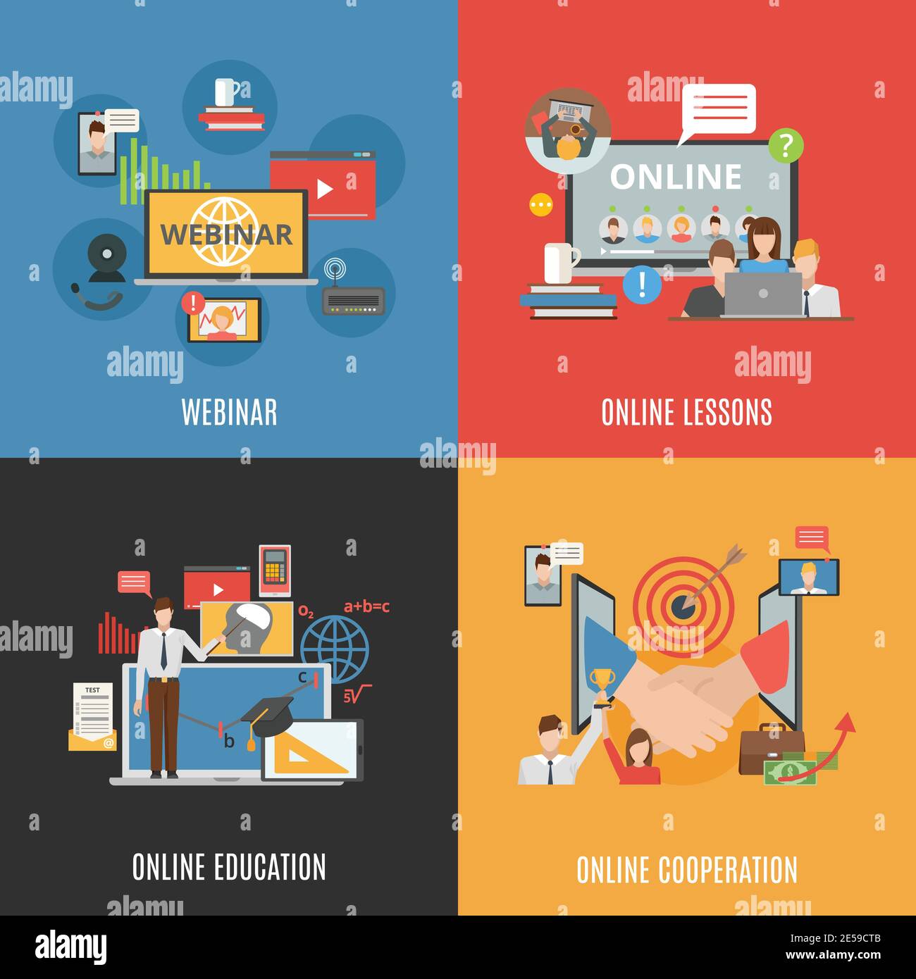 2x2 flat design concept set of webinar online education and online ...