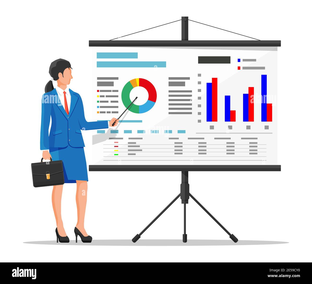 Businesswoman in suit giving presentation with projector screen. TV ...