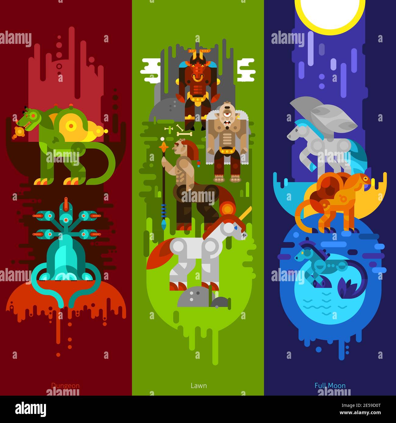 Three banners flat of mythical creatures with dungeon and lawn and full moon set vertical vector ...