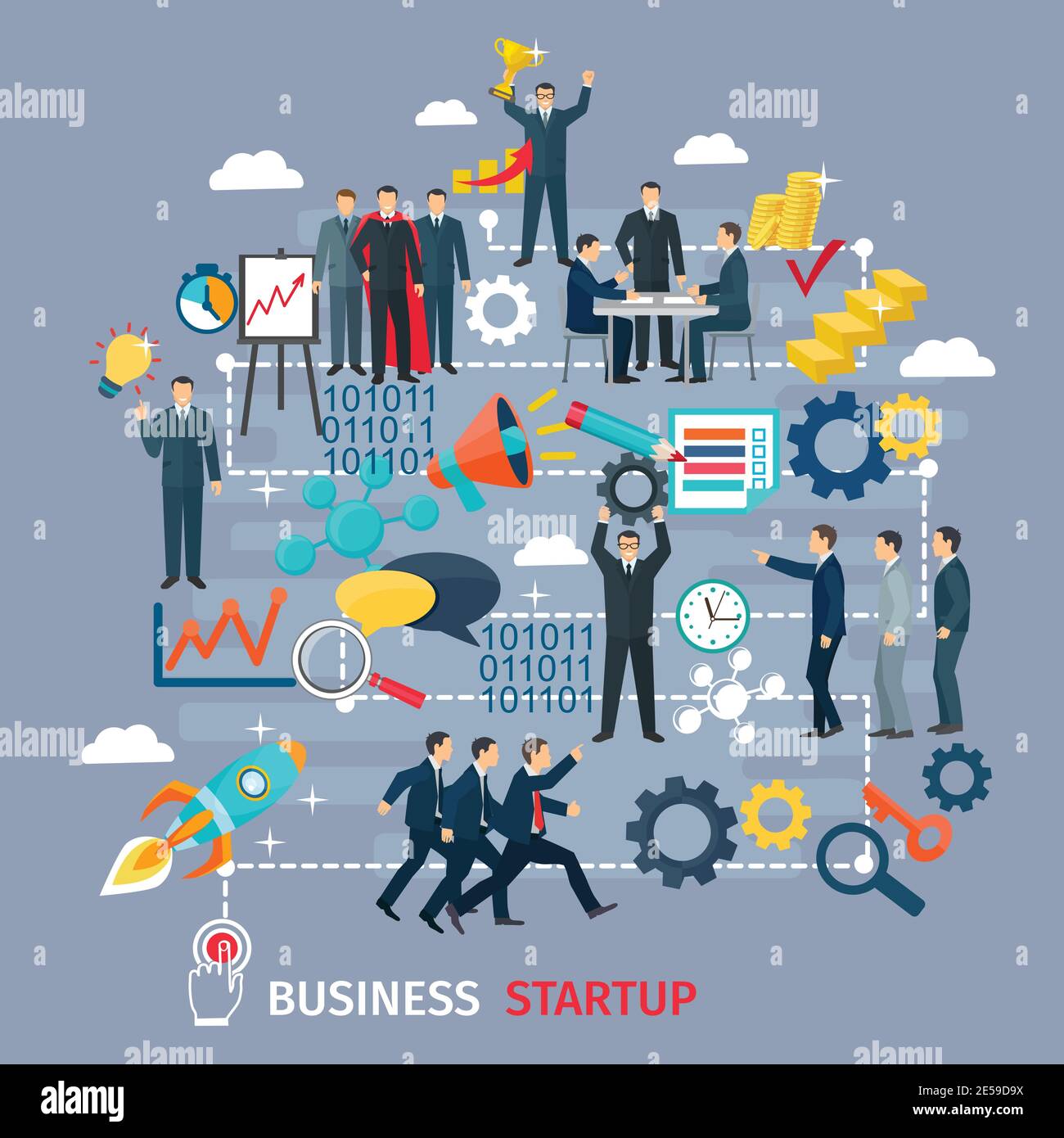 Business startup concept with target and success symbols on grey ...