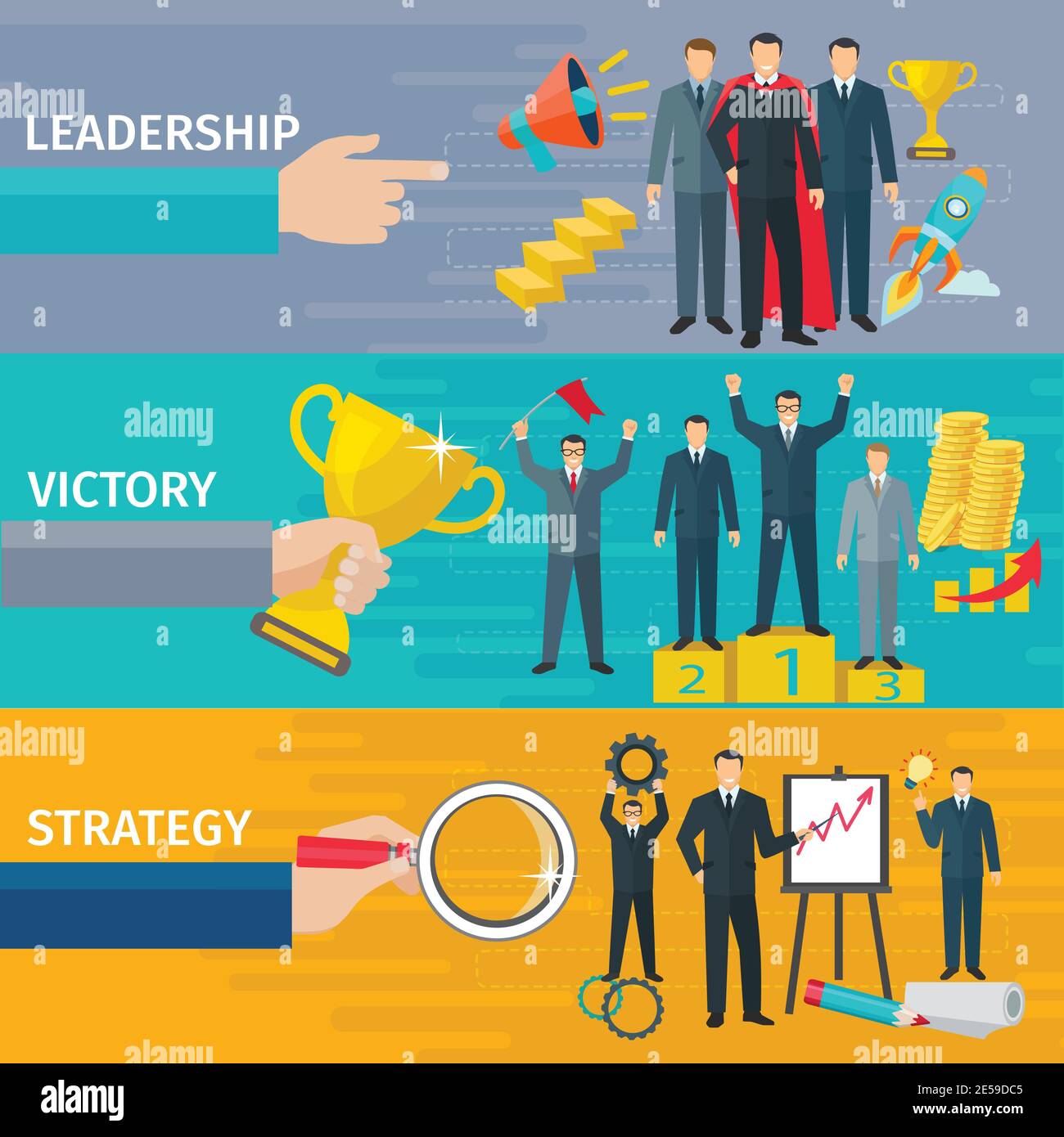 Business leadership horizontal banners set with victory and strategy ...