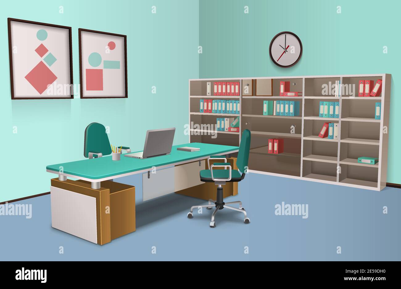 Realistic room in the office for big boss with computer and rack and ...