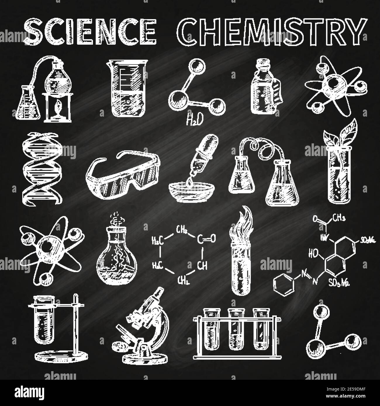 Science and chemistry sketch chalkboard icons set with elements ...