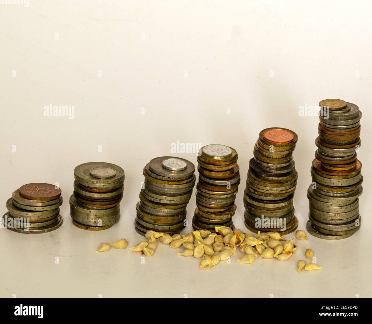 photography with metal coins of different shapes, countries and values ...