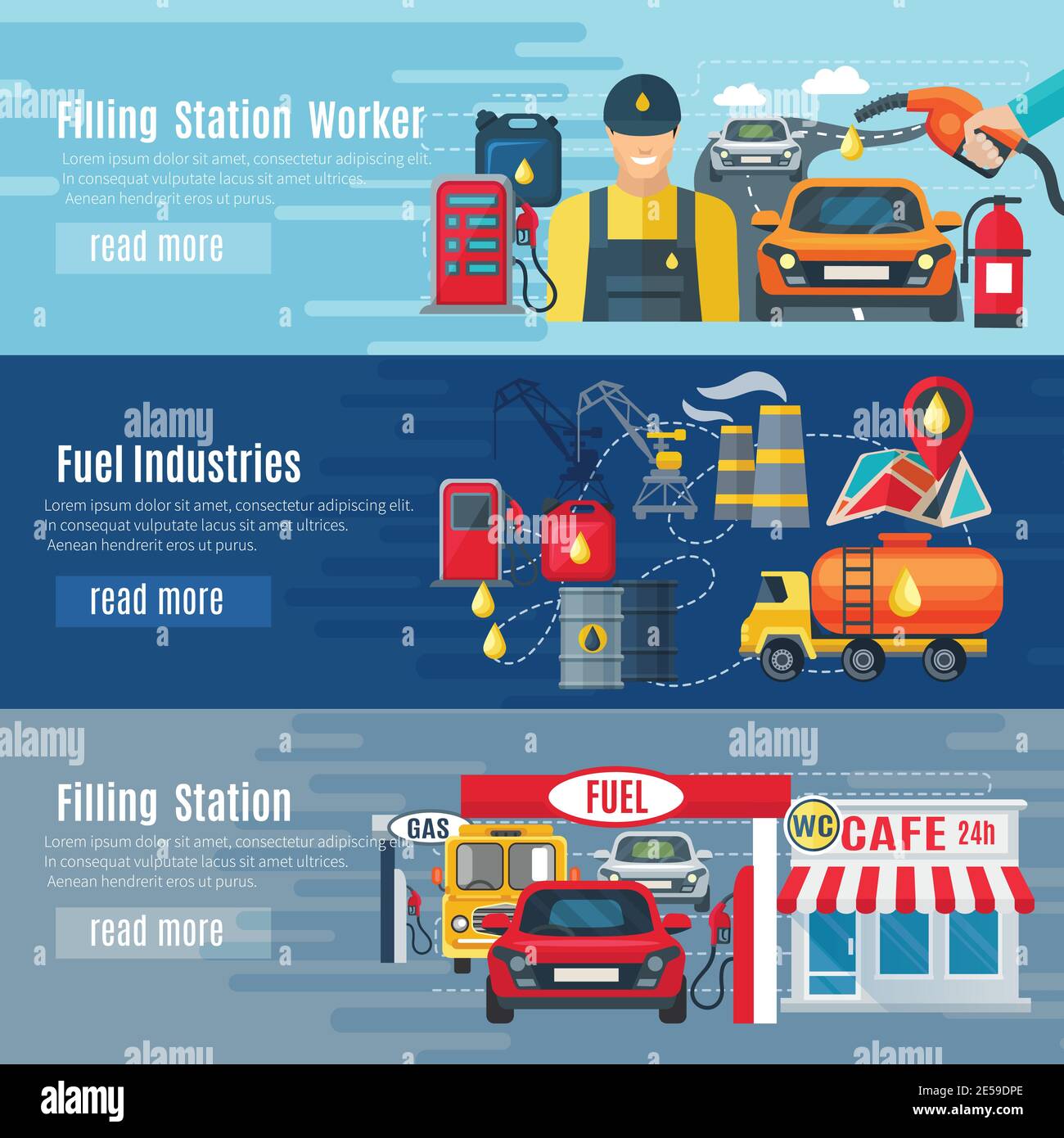 Gas station horizontal banners set with fuel industries symbols flat ...