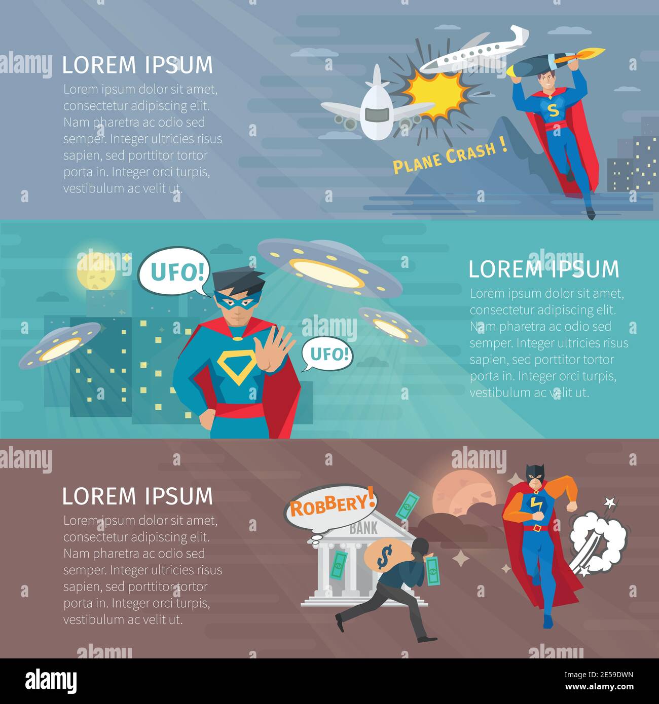 Superhero horizontal banners set with UFO symbols flat isolated vector ...