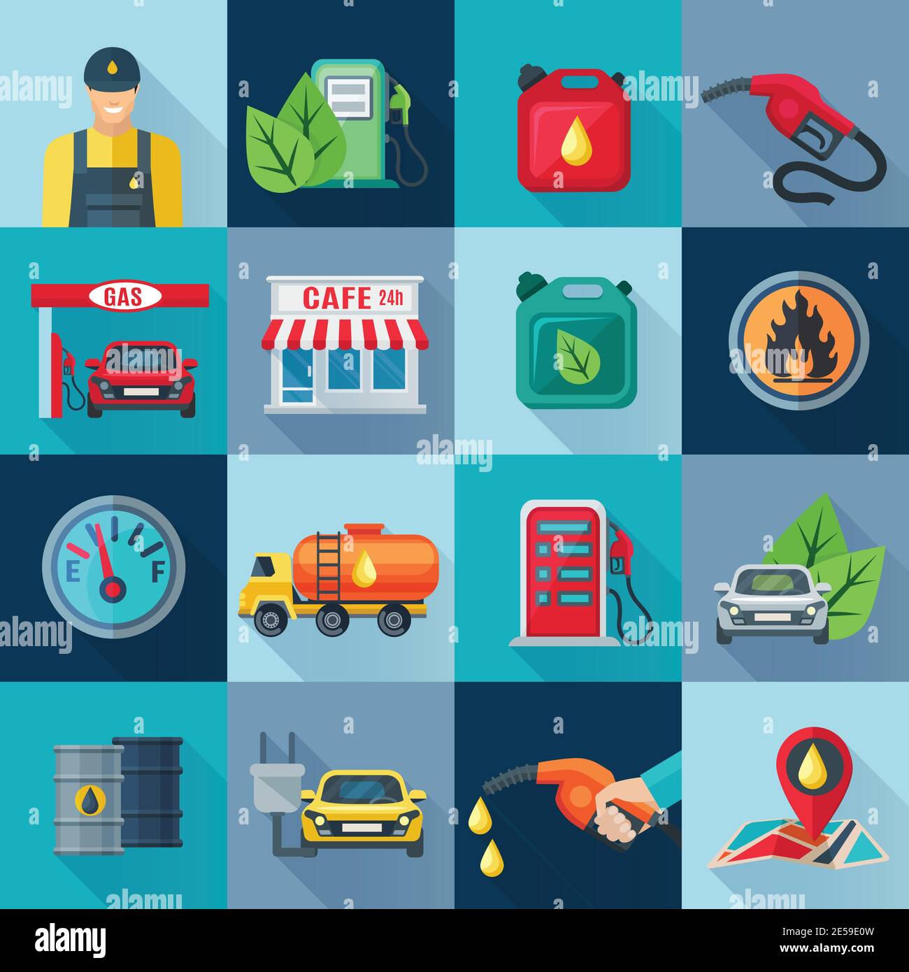 Gas station square icons set with fuel and and oil industries symbols shadow flat isolated ...