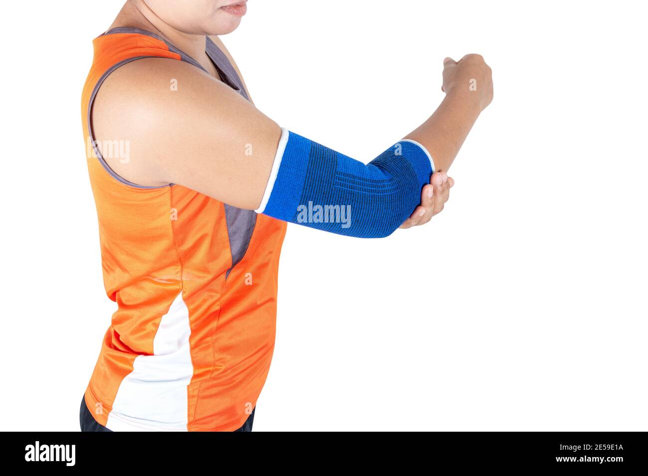 Female wearing elbow support because of injury from exercise, health ...