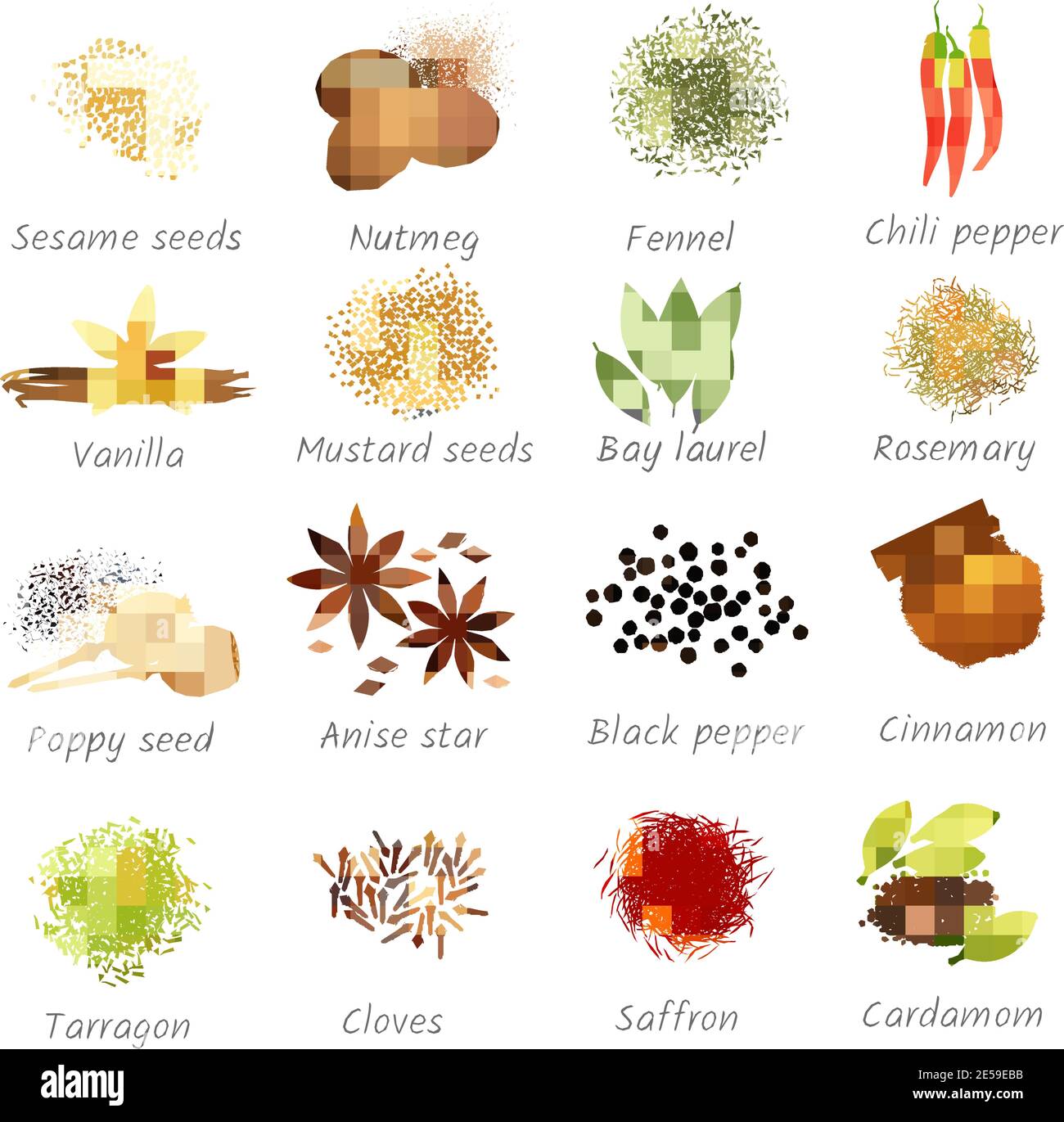 Icons set with titles of piquant food ingredients and fragrant spices ...