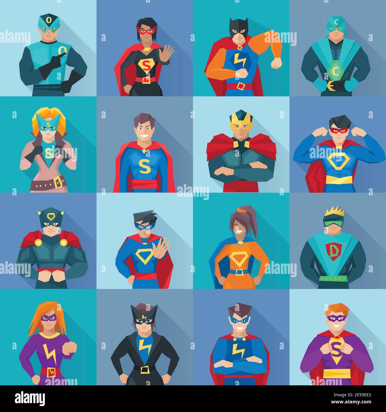 Superhero square shadow icons set with power symbols flat isolated ...