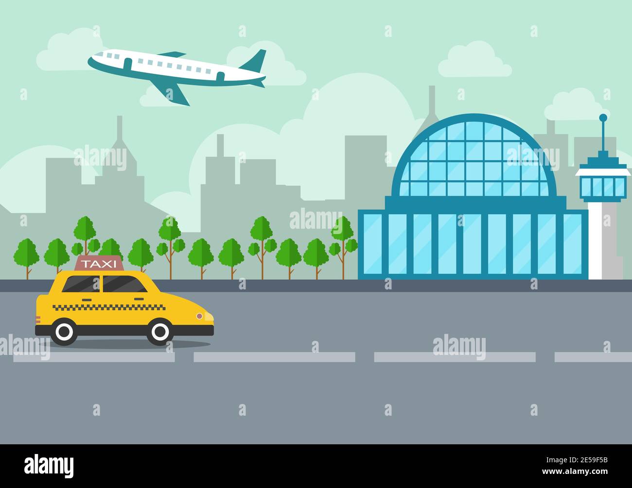 Airport Terminal building with infographic aircraft taking off and ...