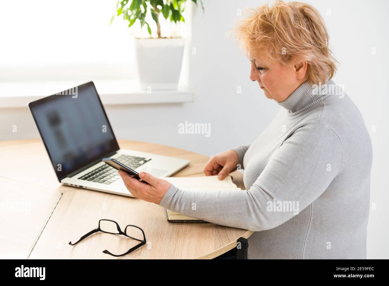 The elderly woman at the computer laptop Stock Photo - Alamy