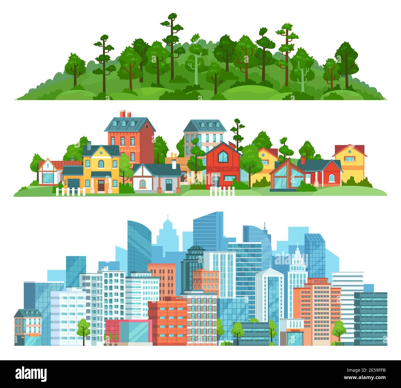 Nature, suburban landscape and cityscape isolated illustration set ...