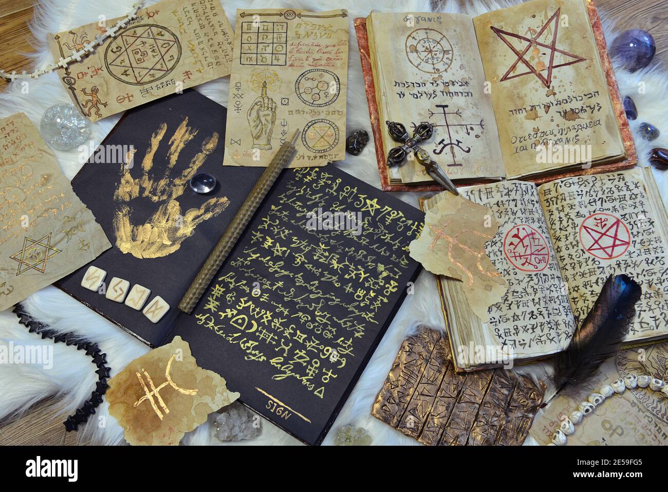 Still life with old manuscripts, parchments and papers with magic ...