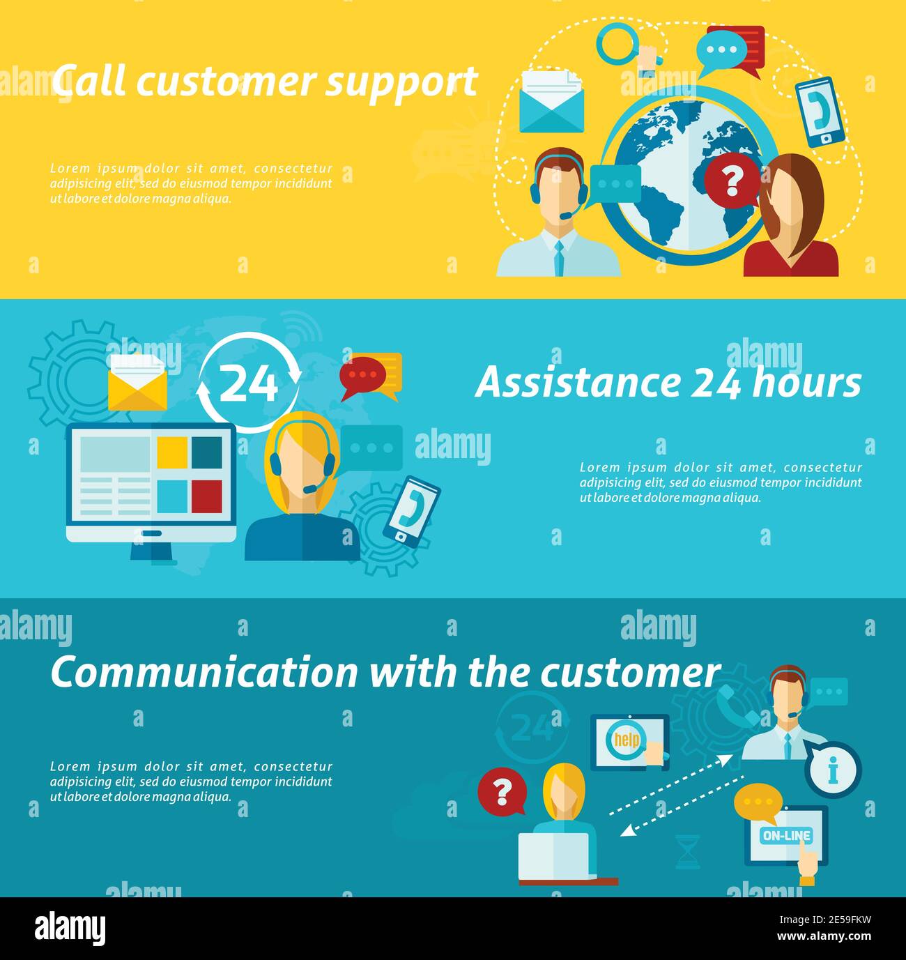 Contact us horizontal banner set with 24 hours assistance flat elements ...