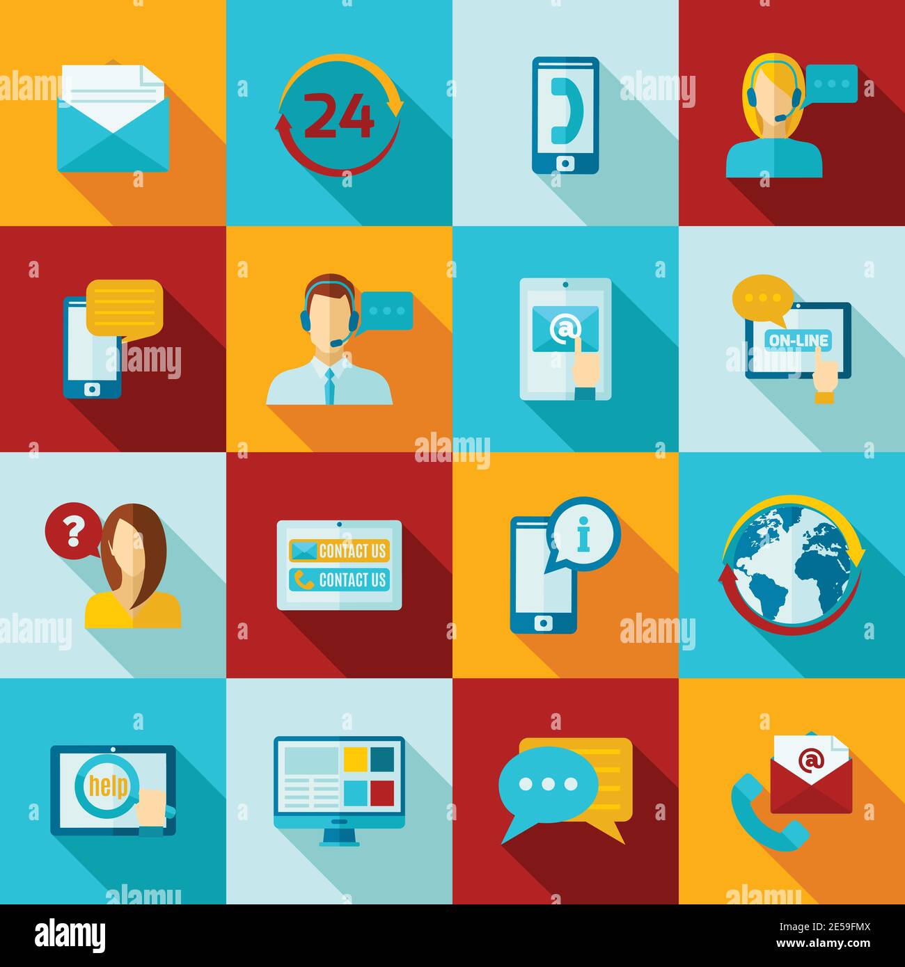 Contact us flat long shadow icons set isolated vector illustration ...